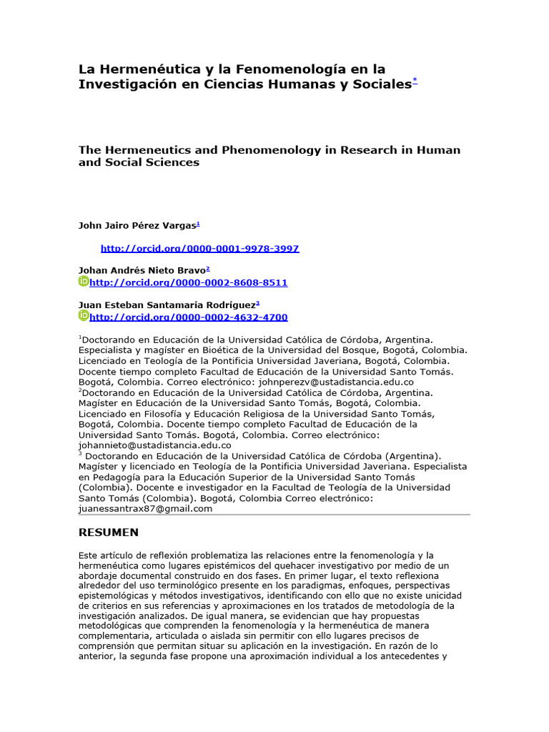 La Hermenéutica y La Fenomenología en La Investigación en Ciencias Humanas y Sociales ...