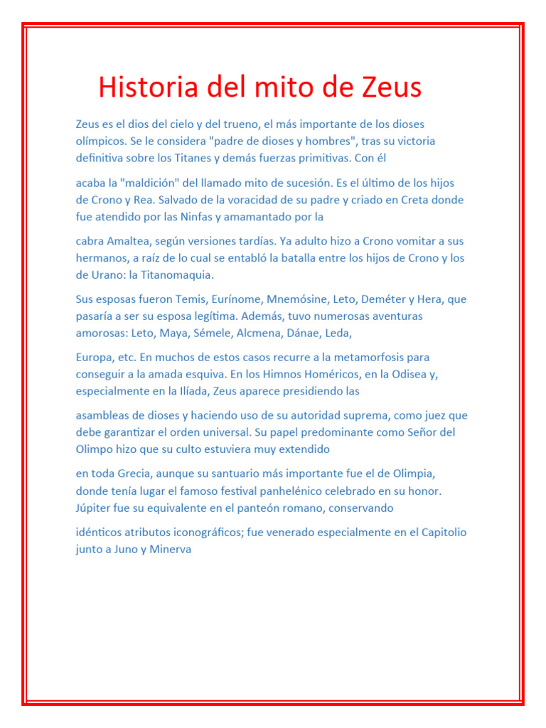 Mito de Zeus: Dios del Olimpo | PDF | Zeus | Mitología griega