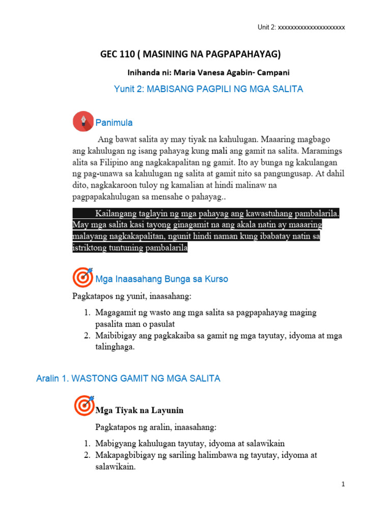 Yunit-2 Masining Na Pagpapahayag | PDF