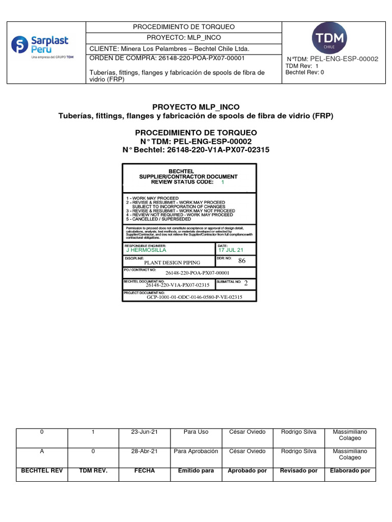 Torque Pernos para Flanges FRP PN10 26148-220-V1a-Px07-02315 | PDF