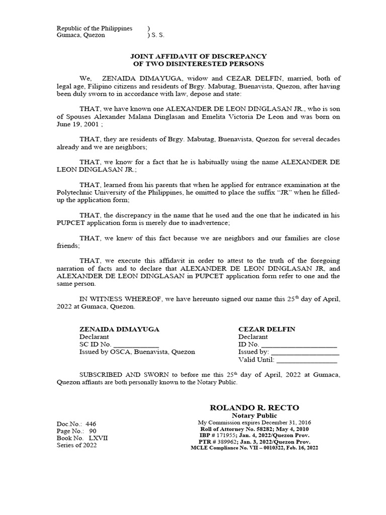 Joint Affidavit of Disinterested Person - For Alexander Dinglasan Jr ... Joint Affidavit of Disinterested Person - For Alexander Dinglasan Jr ...