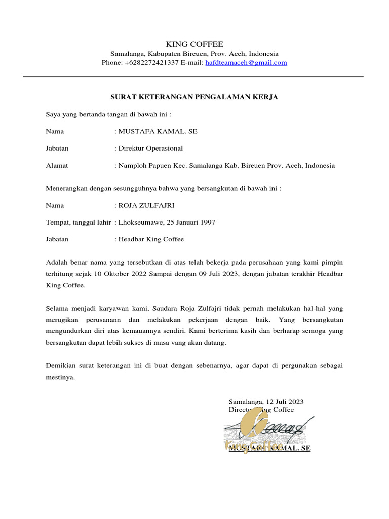 SURAT KETERANGAN PENGALAMAN KERJA | PDF