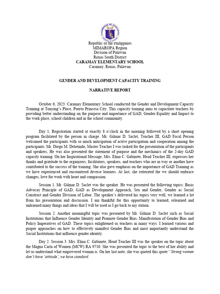 GAD Narrative Report | PDF | Gender Studies | Gender