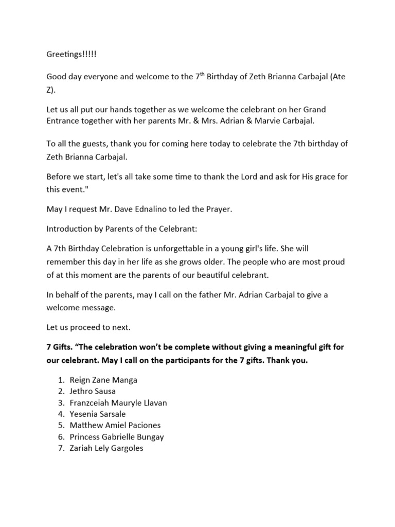 7th Birthday Script | PDF