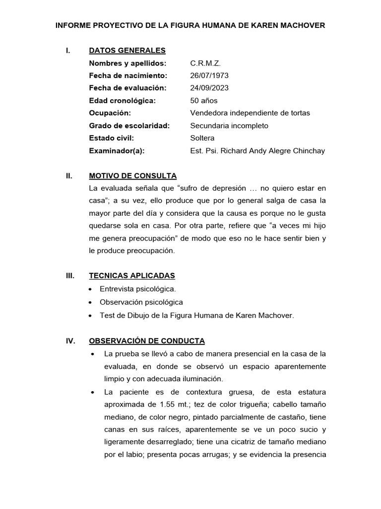 Informe Del Test Del Dibujo de La Figura Humana de Karen Machover - (C ...