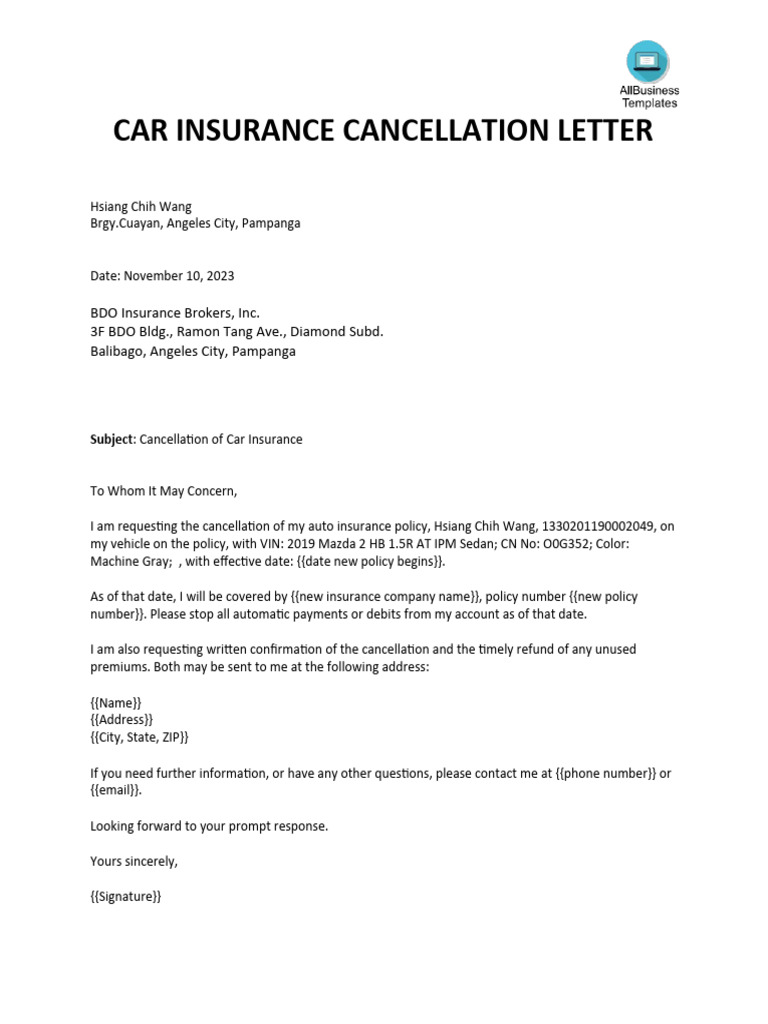 Car Insurance Cancellation Letter | PDF | Insurance | Vehicle Insurance