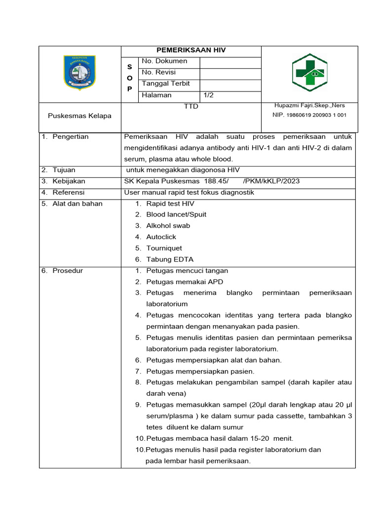 SOP PEMERIKSAAN Hiv | PDF