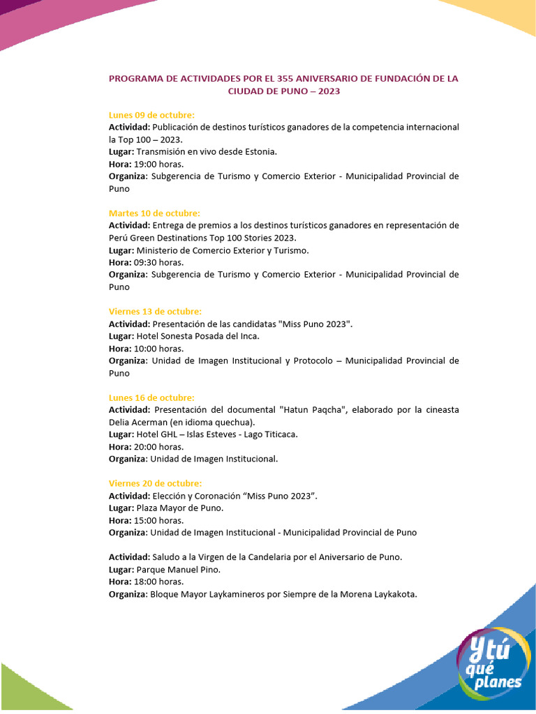 Programa General Aniversario Puno 2023 | PDF | Perú