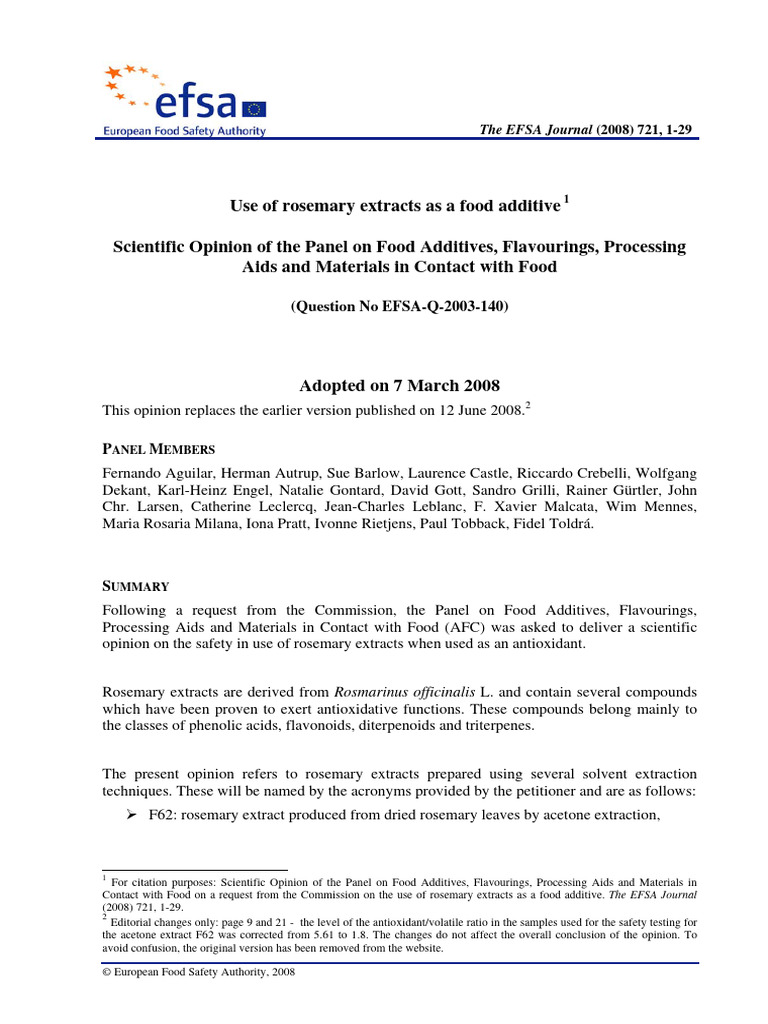 EFSA Journal - 2008 - Use of Rosemary Extracts As A Food Additive Scientific Opinion of The ...