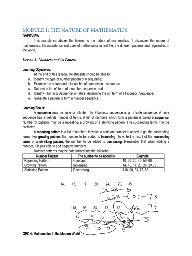 Module 1: The Nature of Mathematics: Lesson 3: Numbers and Its Pattern | Download Free PDF ...