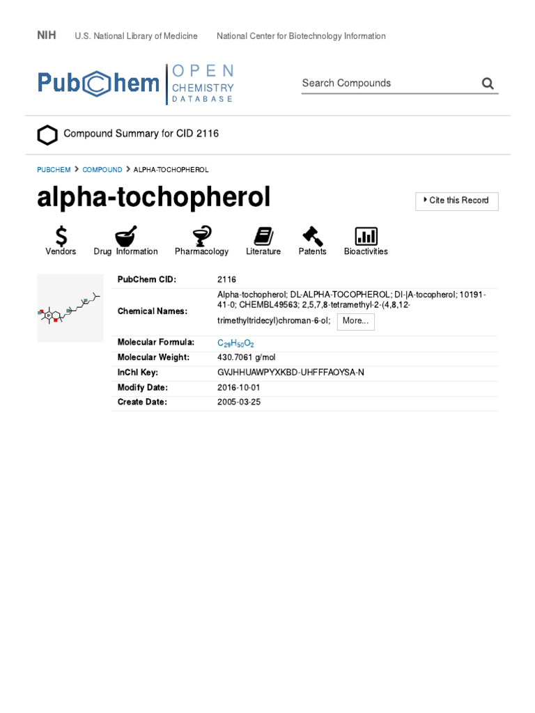 Alpha-Tochopherol PubChem | PDF | Vitamin E | Molecules