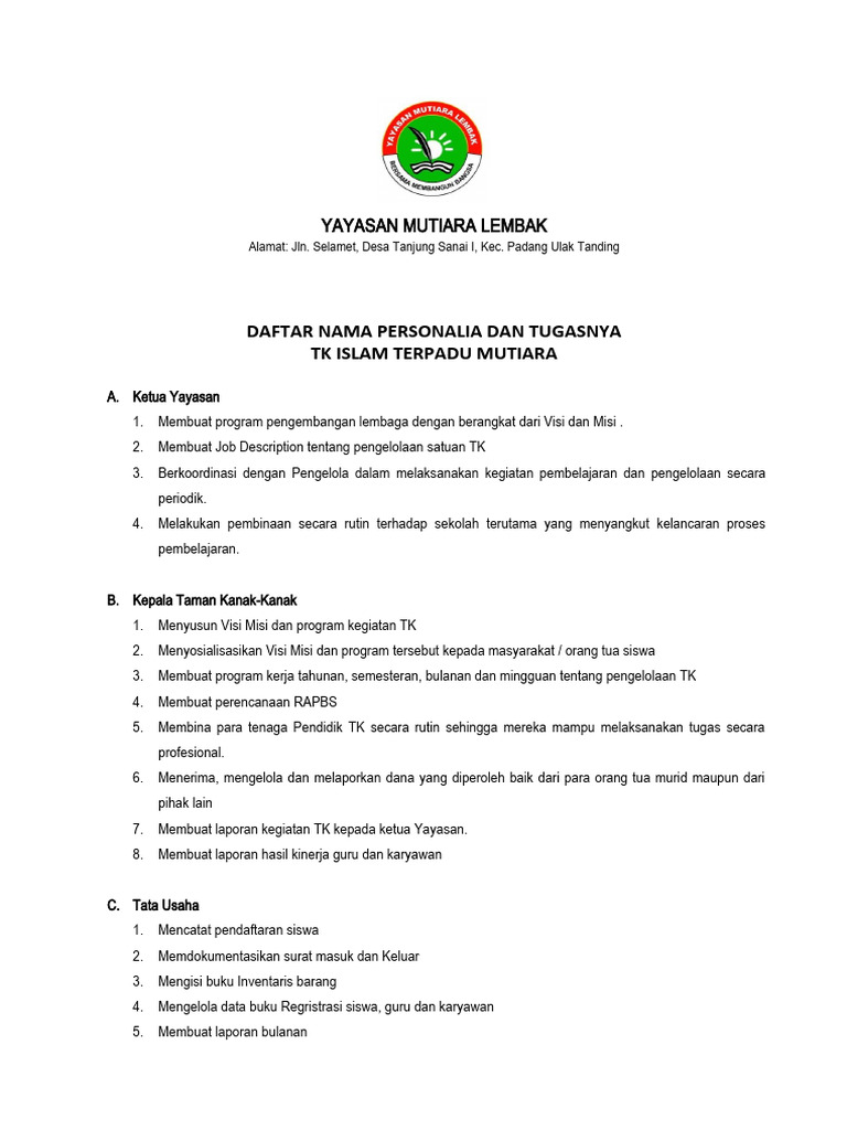 Daftar Nama Personalia Dan Tugas Nya | PDF