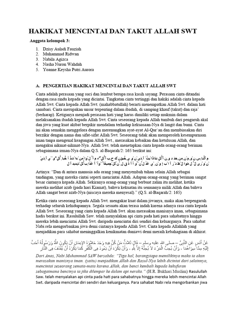 Hakikat Mencintai Dan Takut Allah SWT | PDF