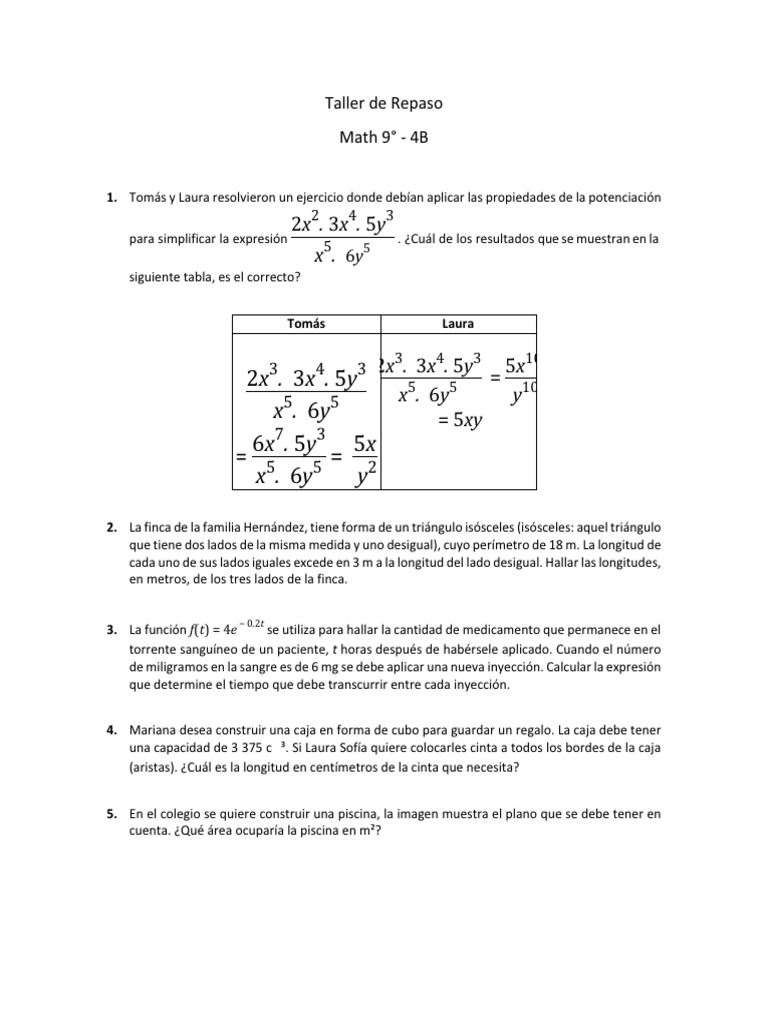 Taller de Repaso Math 9° - 4B | PDF | Matemática Elemental