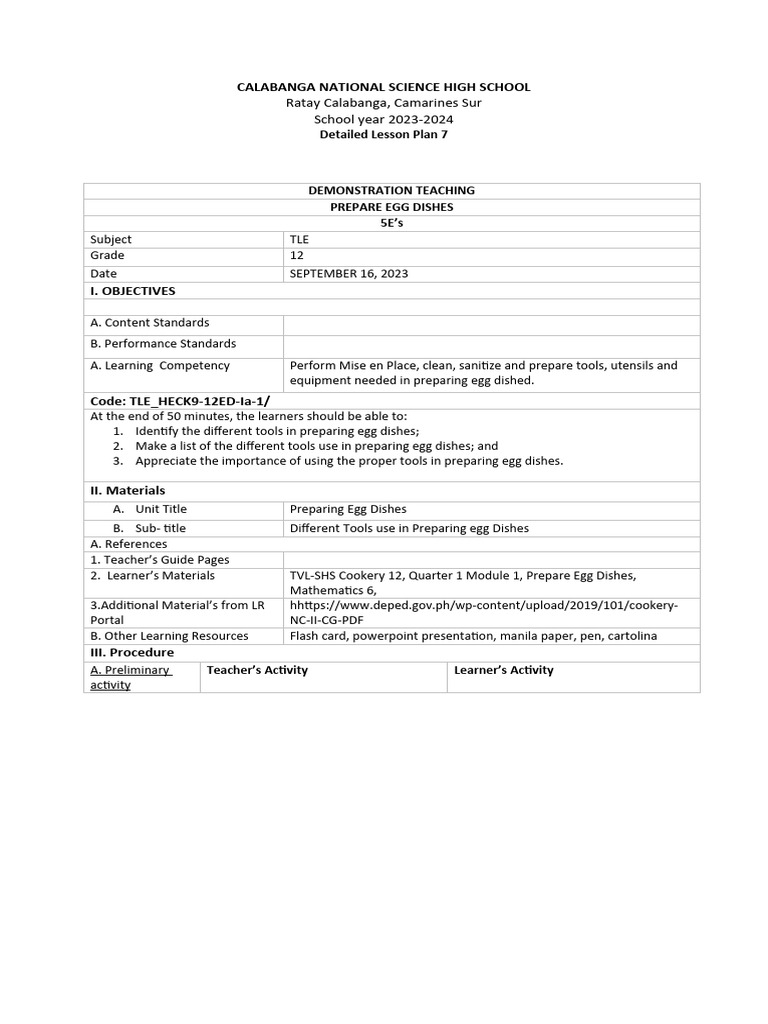 JHS Lesson Plan | PDF | Kitchen Utensil | Cooking
