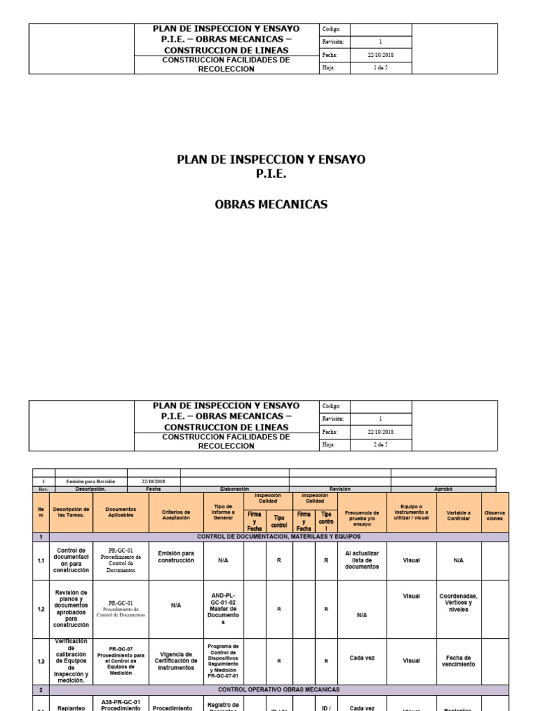 Plan de Inspección para Obras Mecánicas | PDF | Ingeniería mecánica ...