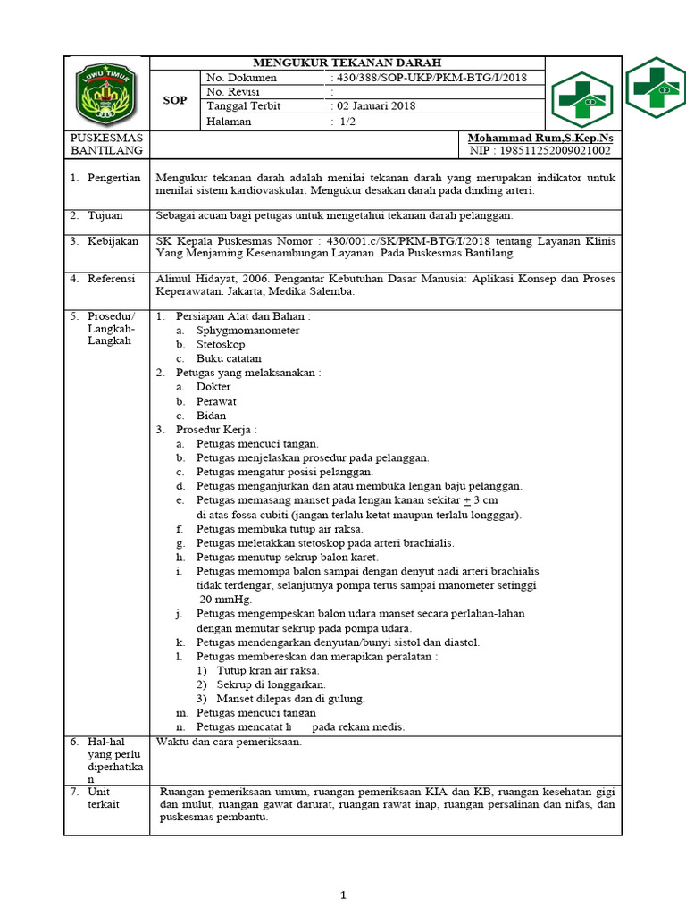 Sop Pengukuran Tekanan Darah | PDF