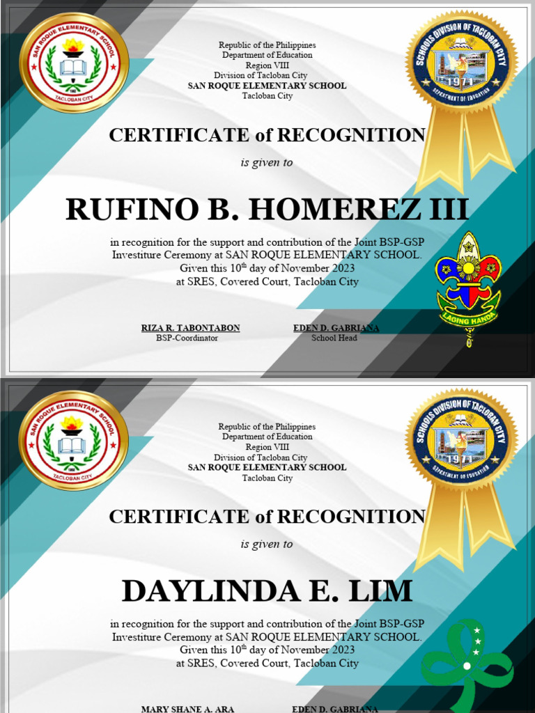 CERTFICATES OF RECOGNITON (BSP and GSP 2023) | PDF