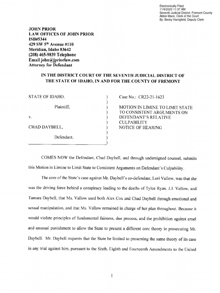 Chad Daybell Motion in Limine To Limit State To Consistent Arguments | PDF