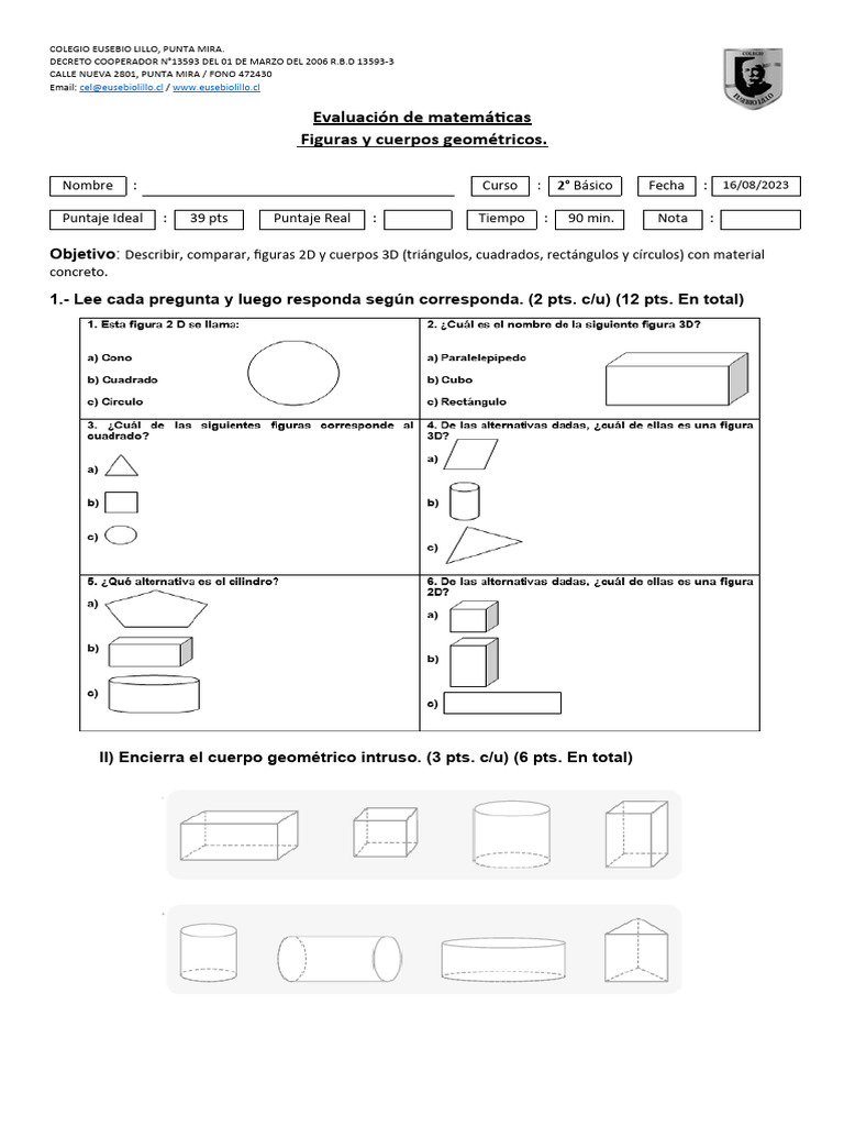 Evaluación de Matematica Figuras y Cuerpos Geometricos | PDF
