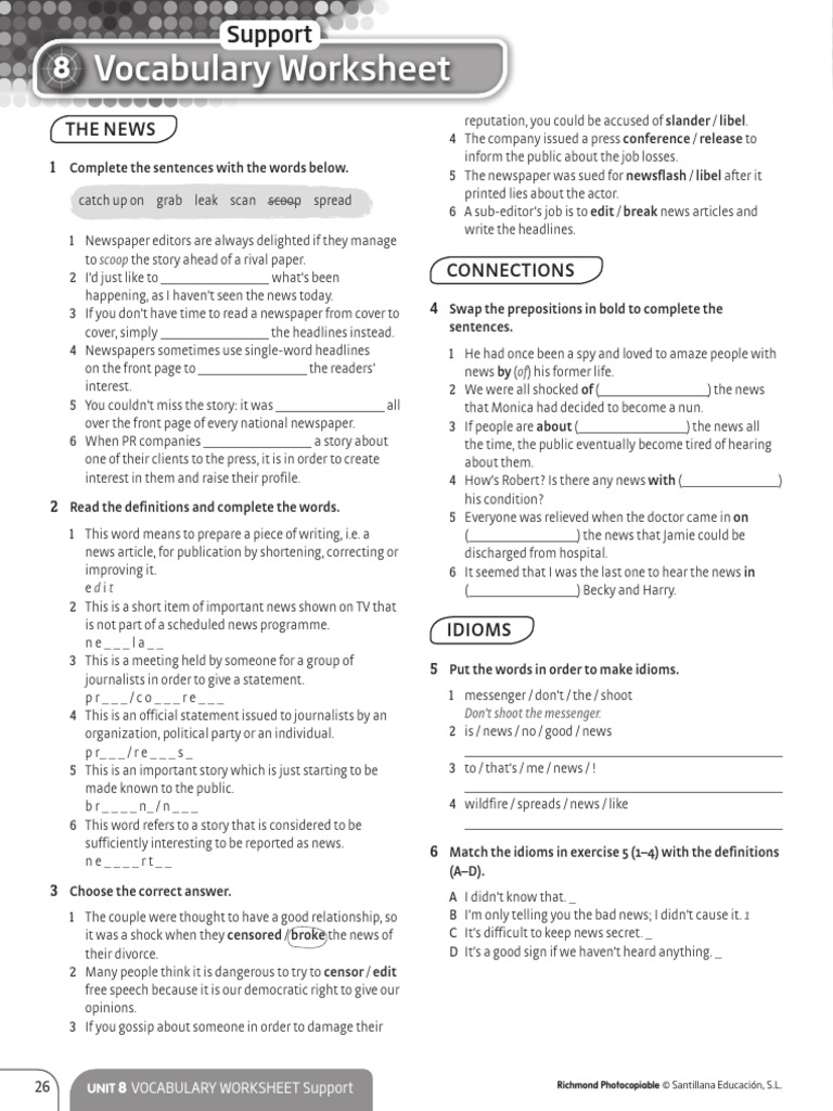 Achievers C1 Vocabulary Worksheet Support Unit 8.1 | PDF | News | Newspapers