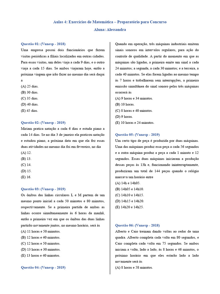 Aula 4 - Lista de Exercícios - MMC - Resolução | PDF | Tempo | Unidades ...