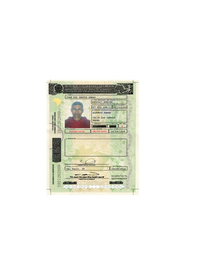 Detalhes da CNH de Ivan dos Santos Abrao | PDF