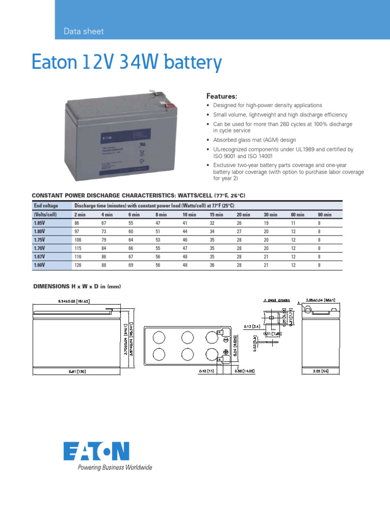 Eaton 12v 34w Battery Brochure BAT07FXA | PDF | Metrology ...