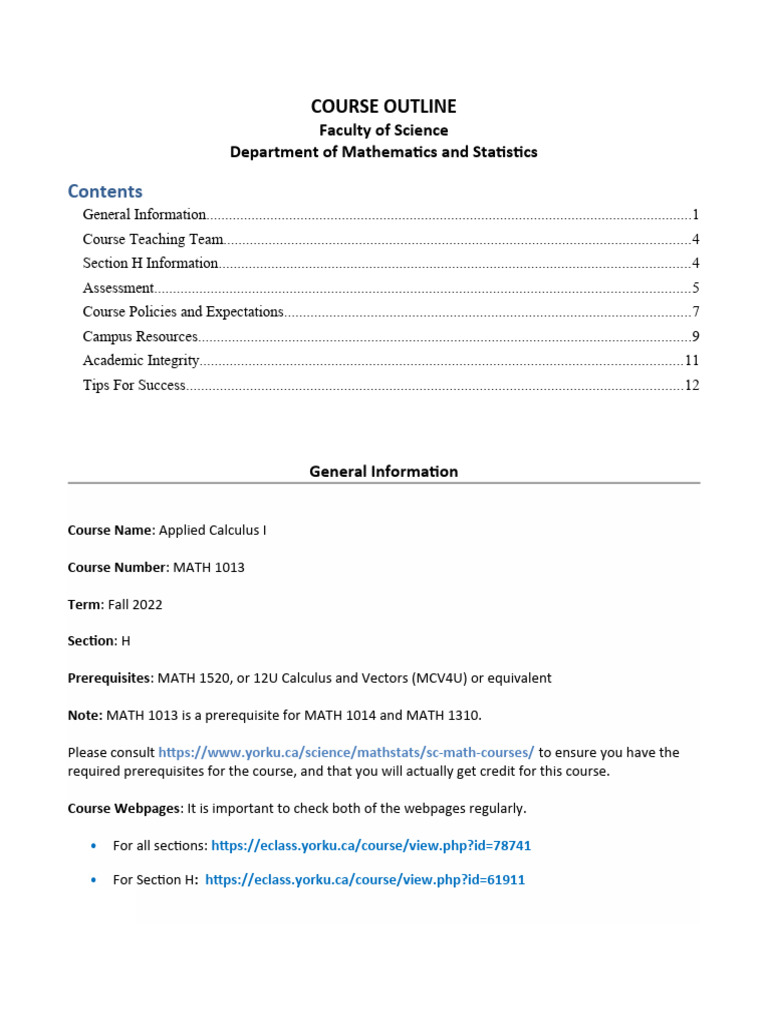 1013F22H Syllabus | PDF | Integral | Function (Mathematics)