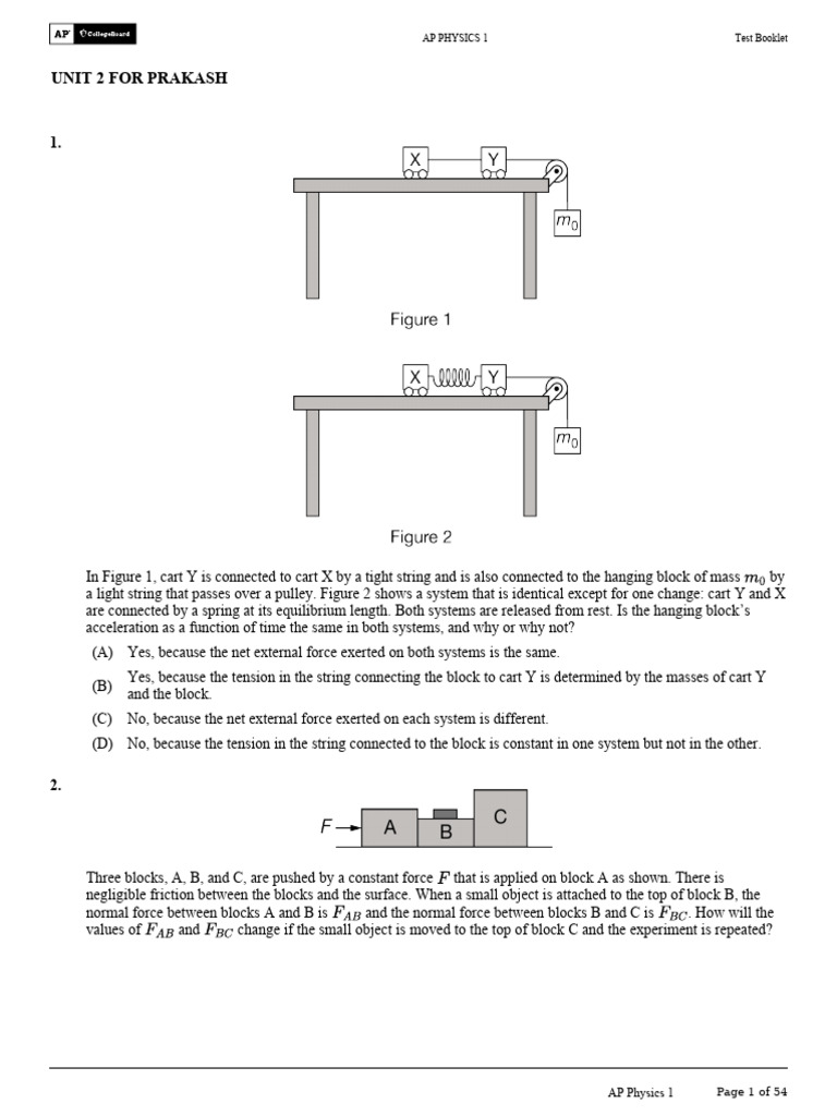 Unit 2 For Prakash: Ap Physics 1 Test Booklet | PDF | Force | Mass