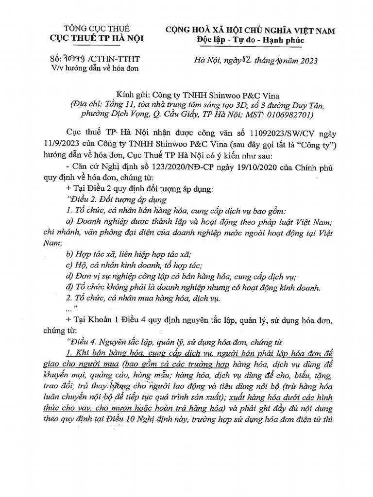 cong-van-70779-cthn-ttht-ha-noi-2023-huong-dan-ve-hoa-don | PDF