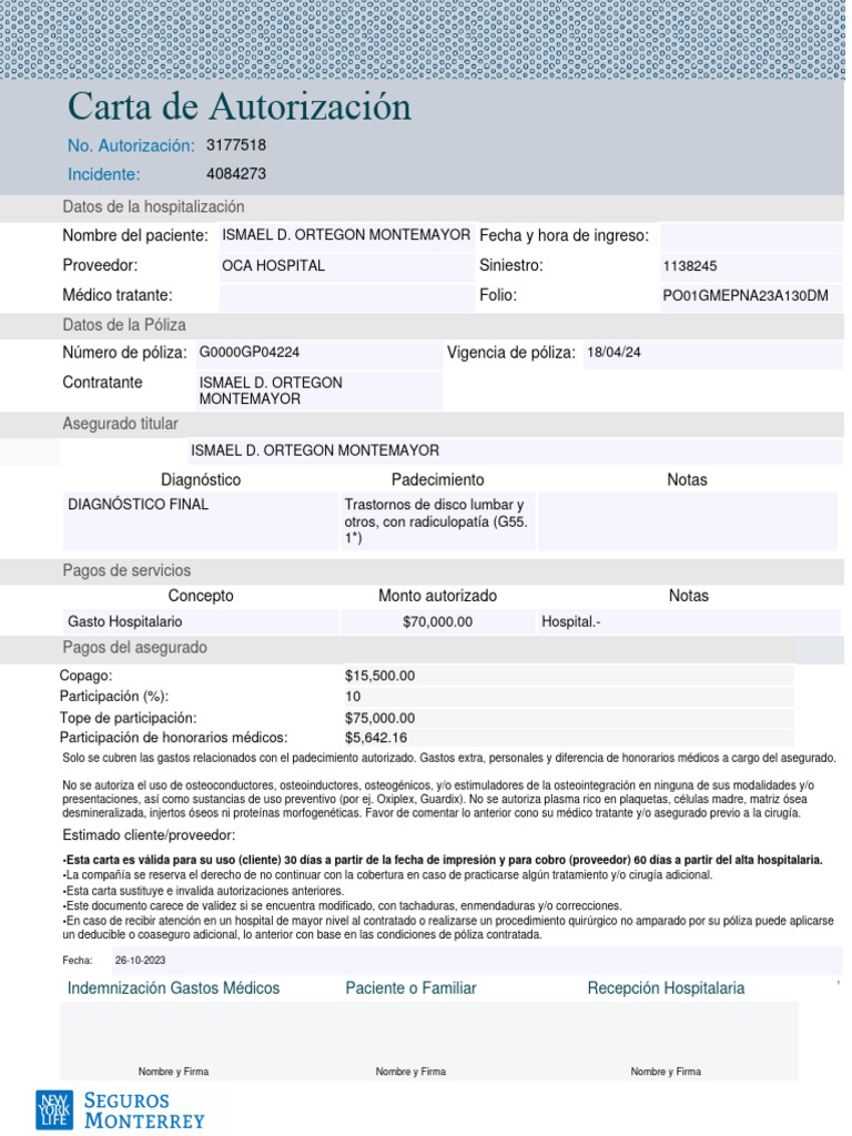 Carta de autorización DM Folio_PO01GMEPNA23A130DM #0 | PDF | Póliza de ...