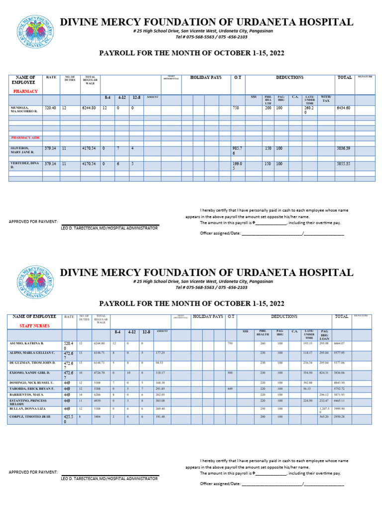 DMH Payroll With Phic Pi Deduction | PDF | Payroll | Payroll Tax