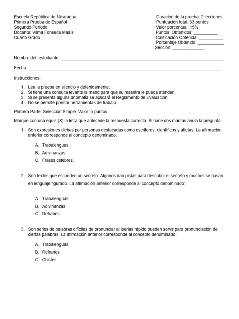 Primera Prueba Segundo Periodo Español Cuarto | PDF | Mamíferos