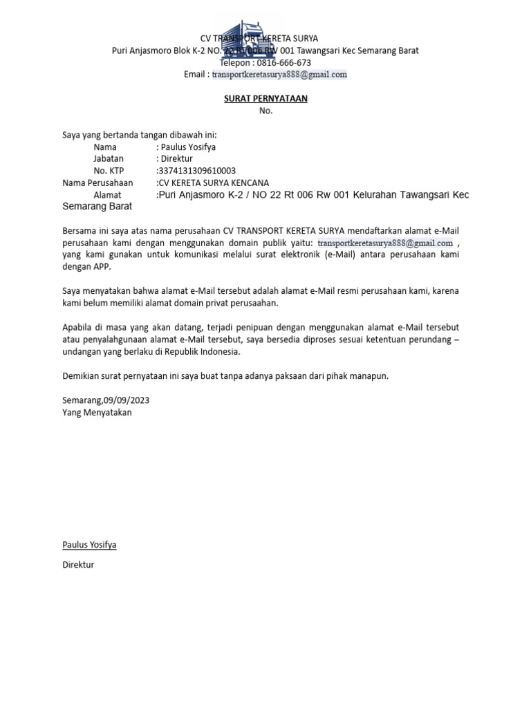 Surat Pernyataan Email Resmi Perusahaan | PDF