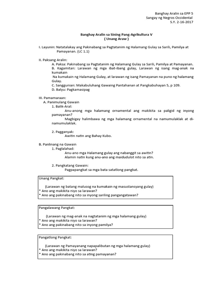Banghay Aralin Sa Sining Pang Agrikultura 5 | PDF