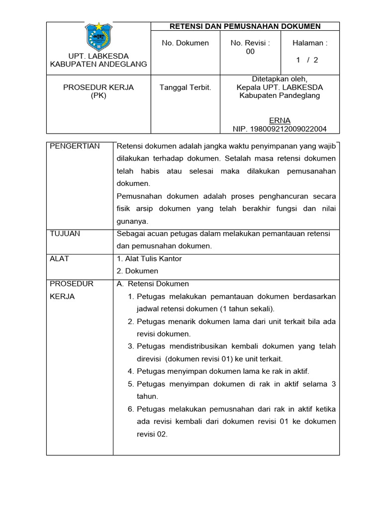 PK Retensi Dan Pemusnahan Dokumen | PDF