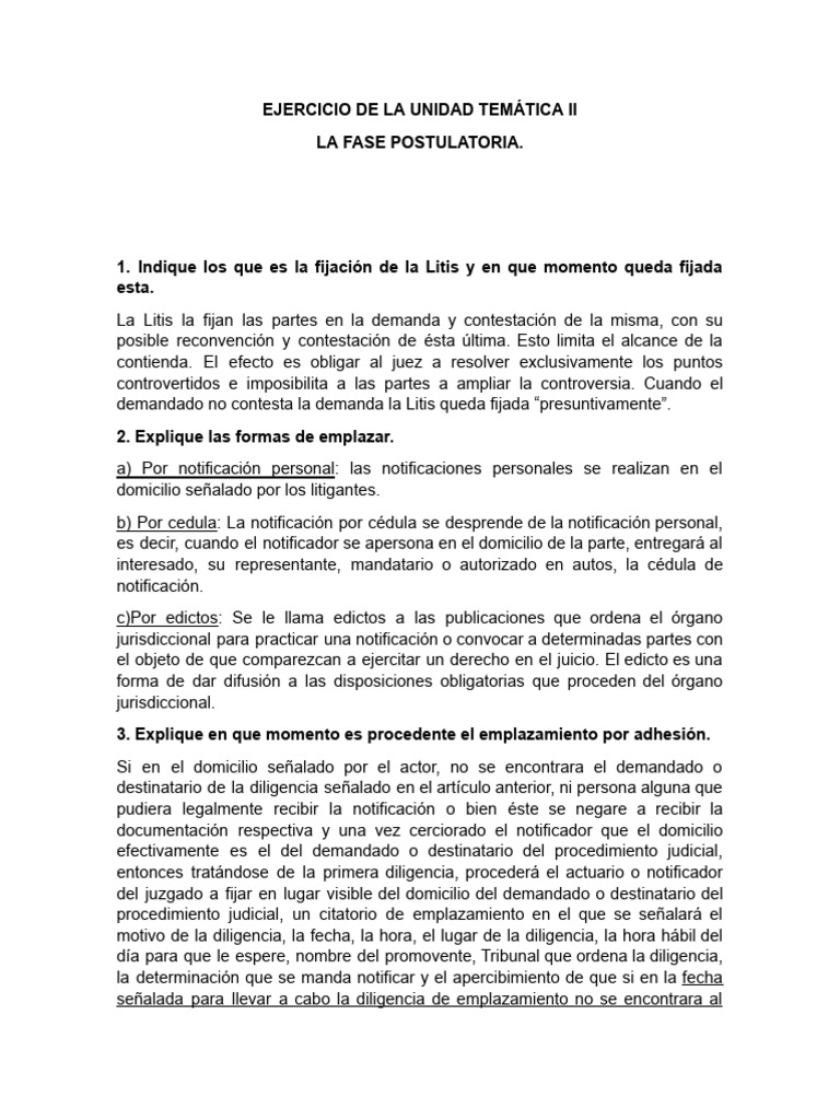 EJERCICIO DE LA UNIDAD TEMÁTICA II | PDF | Demanda judicial | Ley procesal
