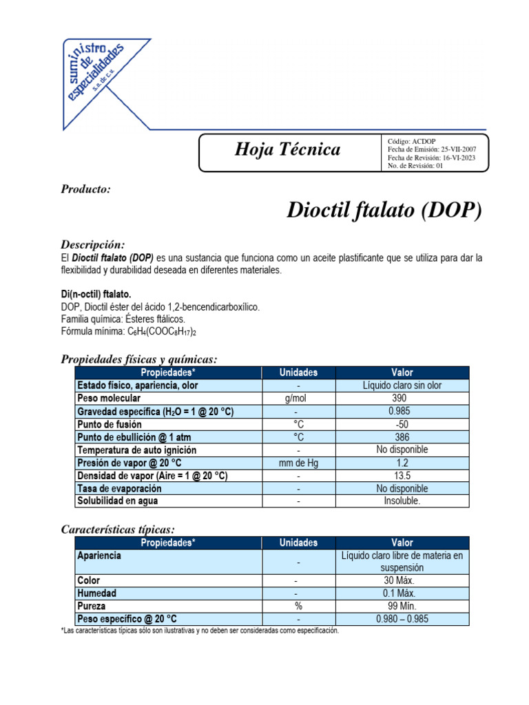 Dioctil Ftalato (DOP) : Hoja Técnica | PDF | Materiales | Ciencias fisicas