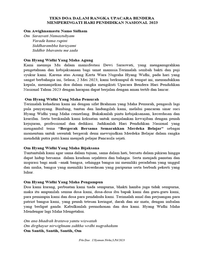 Doa Upacara Bendera Hari Pendidikan 2023 | PDF
