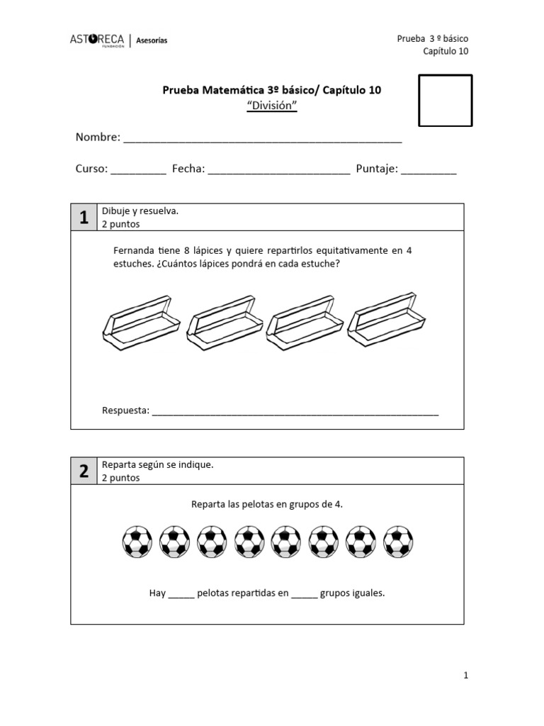 Prueba 3º Básico Capítulo 10 División | PDF