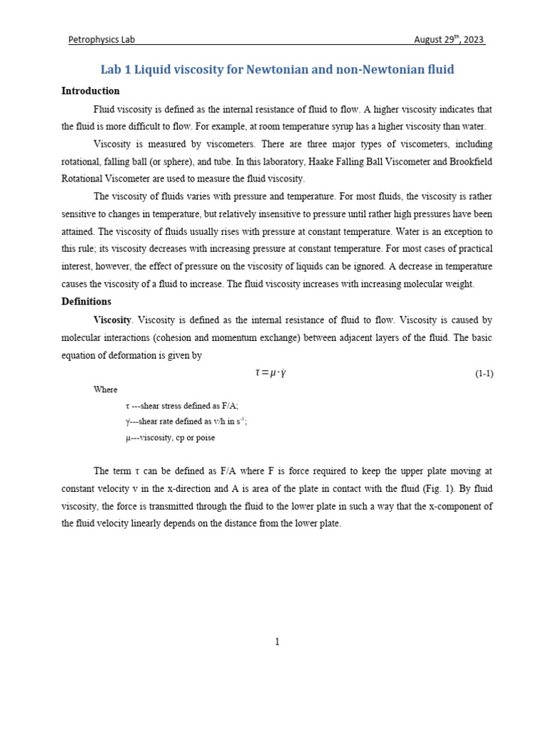 Viscosity Measurement of Fluids Lab | PDF | Viscosity | Shear Stress