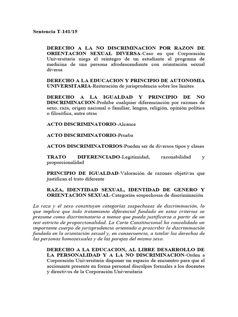 Sentencia T-141-15 Corte Constitucional | PDF | Discriminación ...