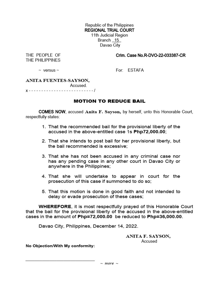 Motion to Reduce Estafa Bail Amount | PDF | Affidavit | Bail