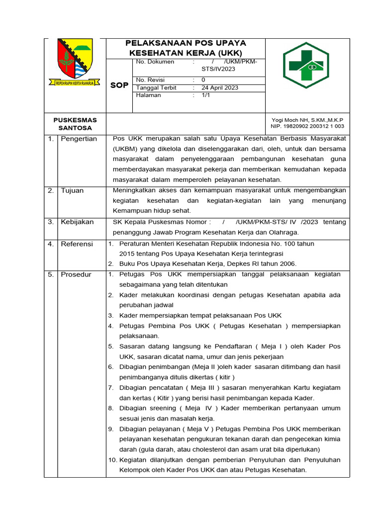 Sop Pelaksanaan Pos Upaya Kesehatan Kerja (Ukk) | PDF