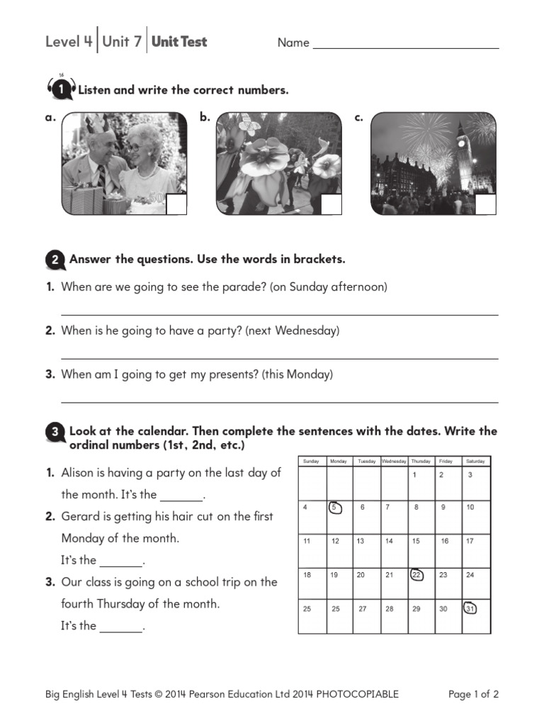 Level 4 Unit 7 Test: Dates & Celebrations | PDF