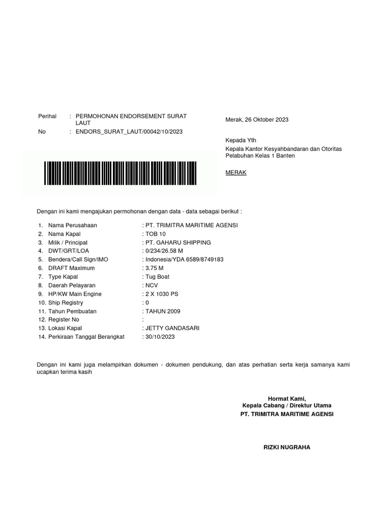 Request-Endors Surat Laut 00042 10 2023 | PDF