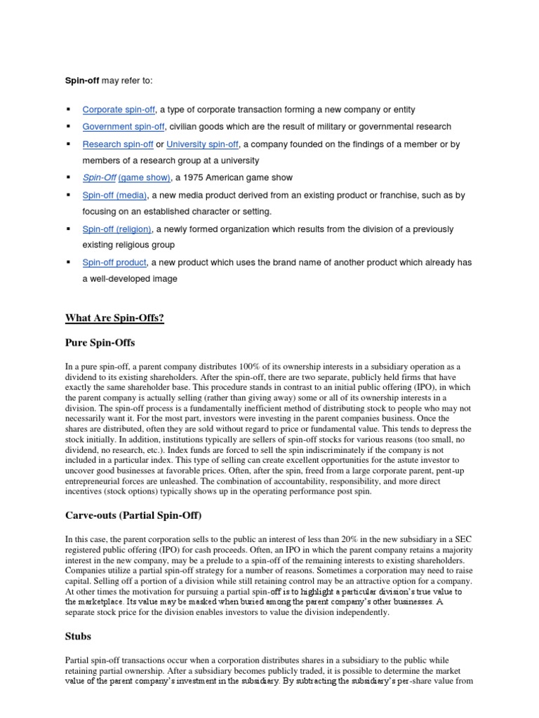 What Are Spin-Offs? Pure Spin-Offs: Corporate Spin-Off Government Spin ...