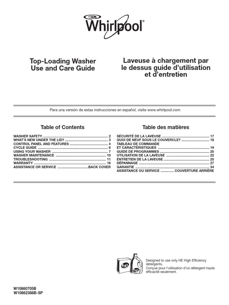 Whirlpool Washing Machine Use & Care Guide-W10860705-RevB | PDF ...