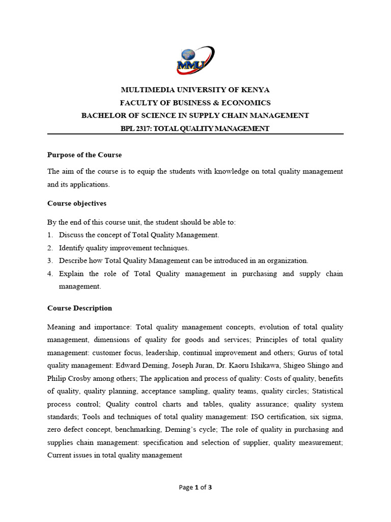 BPL 2317 Total Quality Management | PDF | Quality (Business) | Quality ...